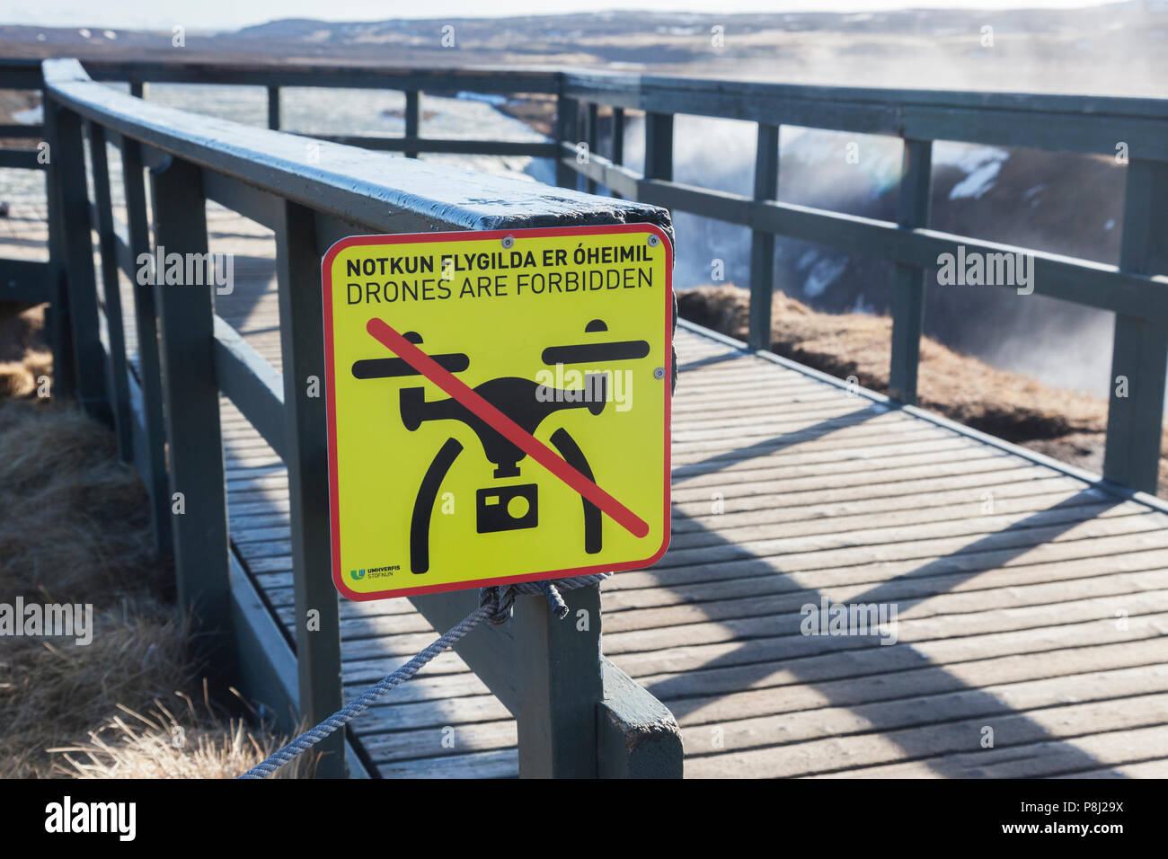 20 April 2018: Gullfoss Waterfall, Iceland - Drones are Forbidden sign ...