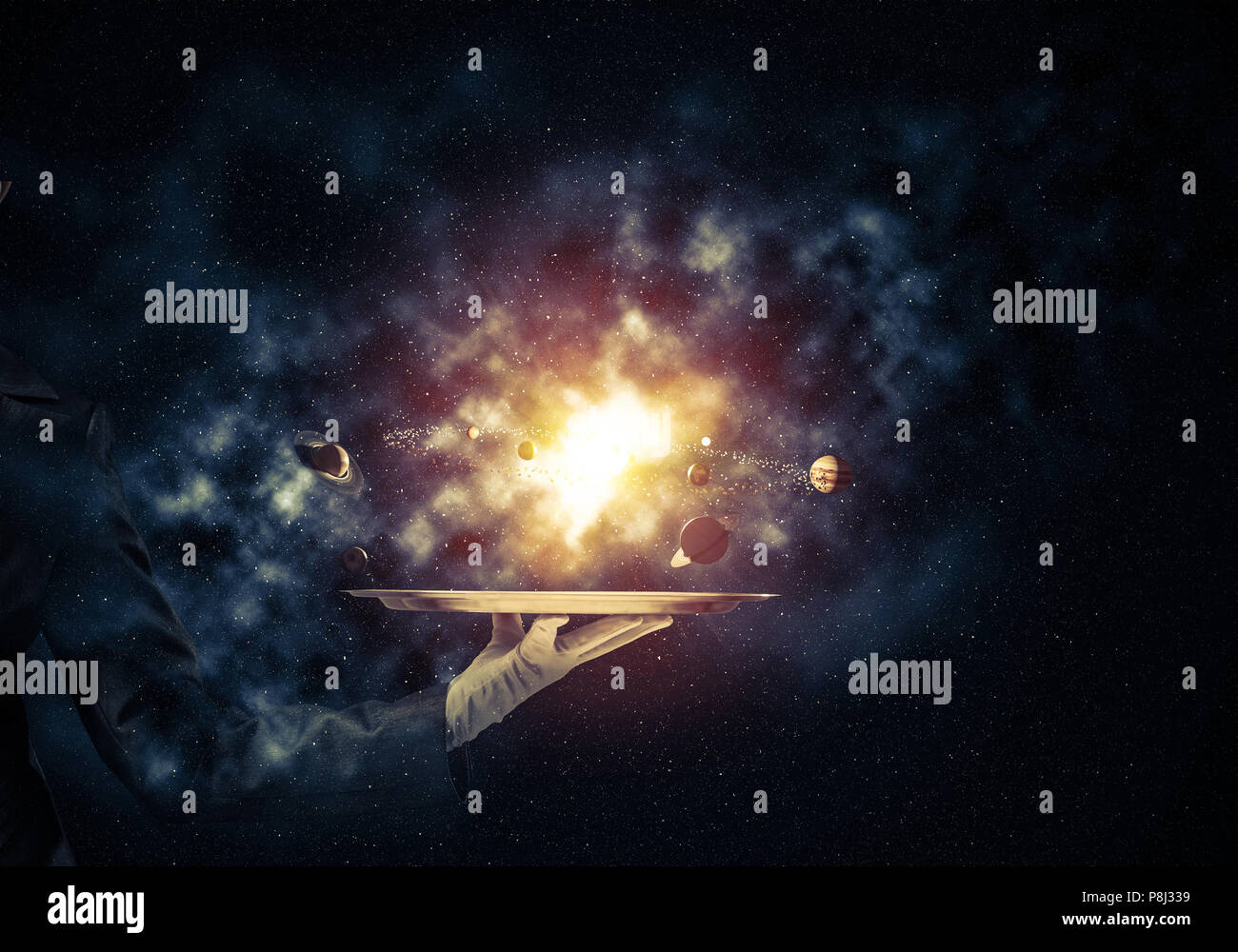 Hand of waitress presenting solar system on tray Stock Photo - Alamy