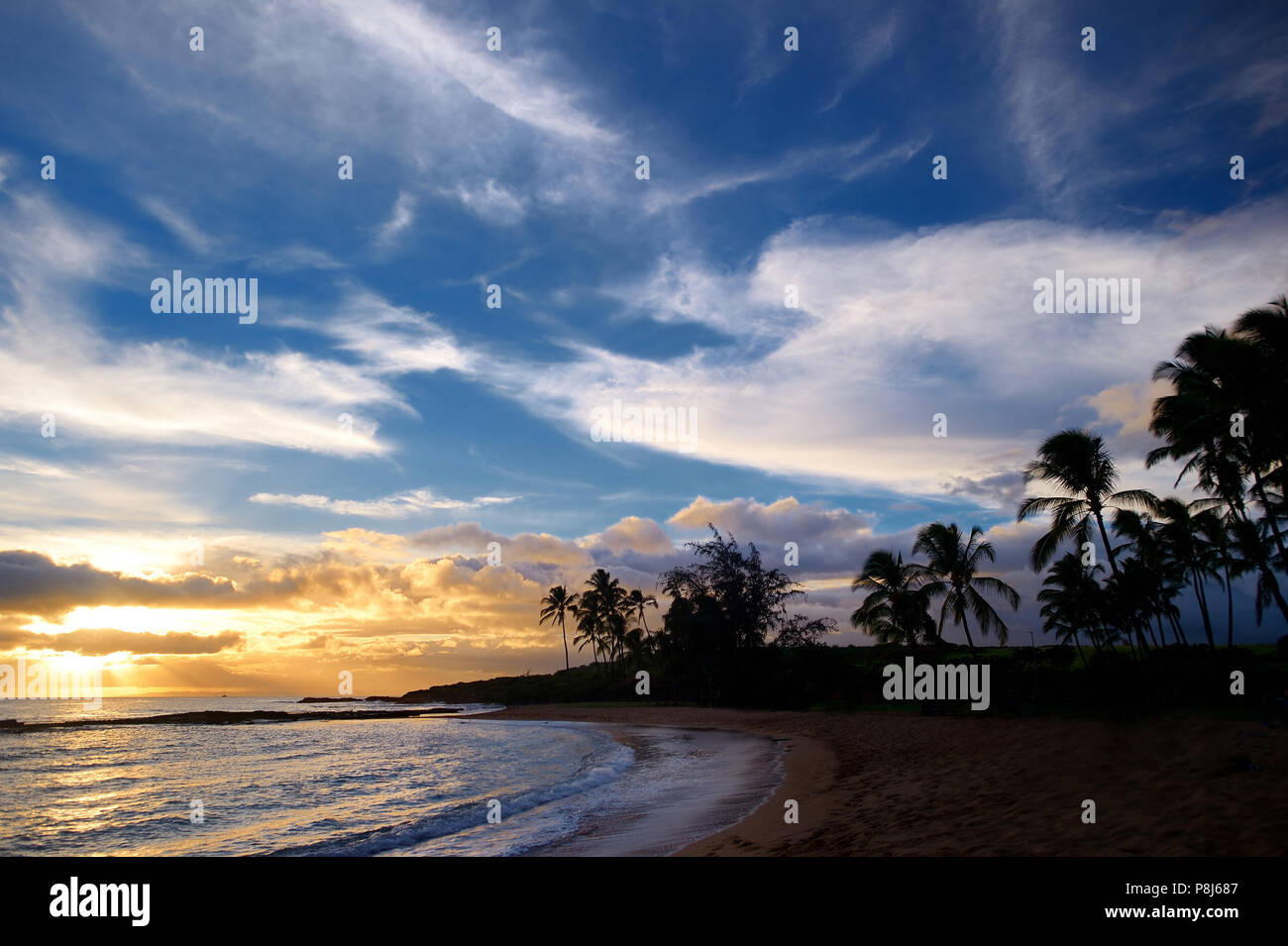 Sunrise with palm trees in Salt Pond Beach Park on Kauai, Hawaii Stock ...