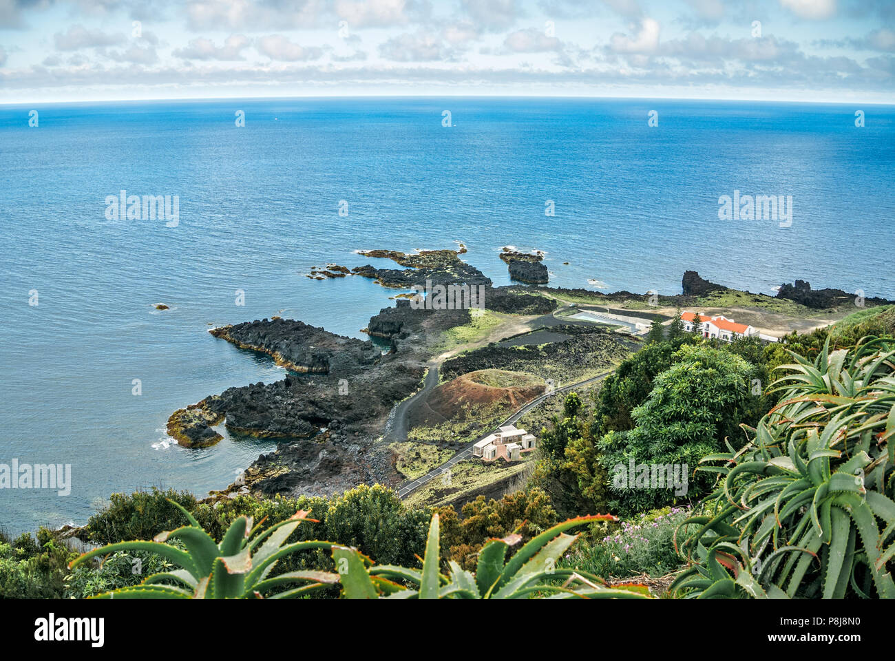 Top view of the Ponta da Ferraria, a volcanic rock formation with ...