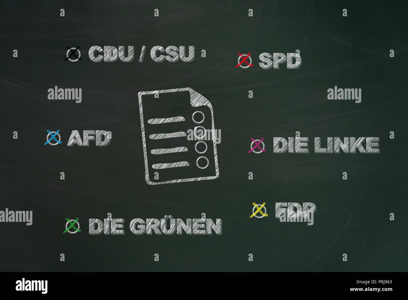 German parties written with chalk on chalkboard and painted ballot as ...