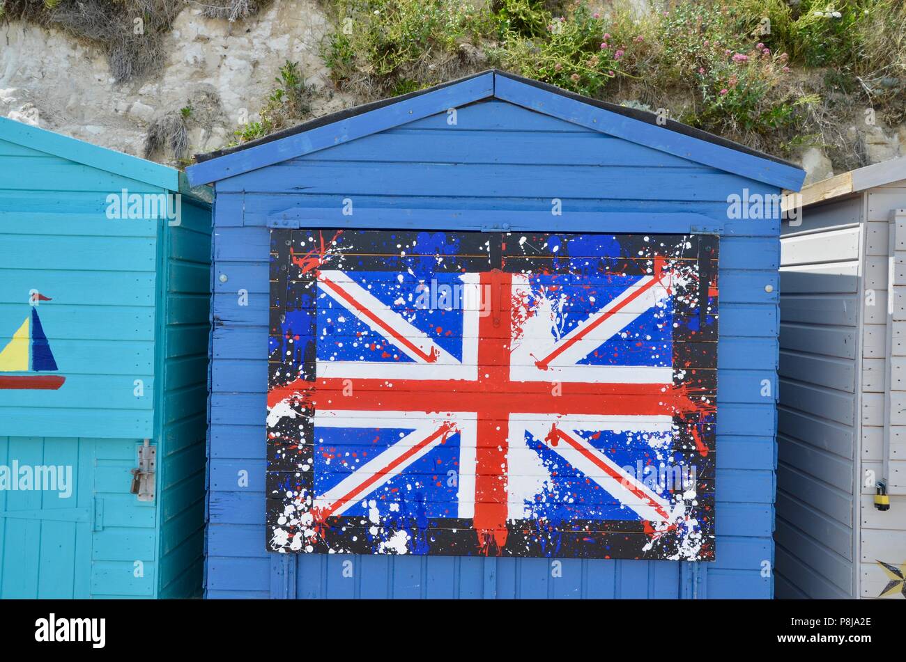 union flag painted on a broadstairs wooden beach hut kent UK Stock ...