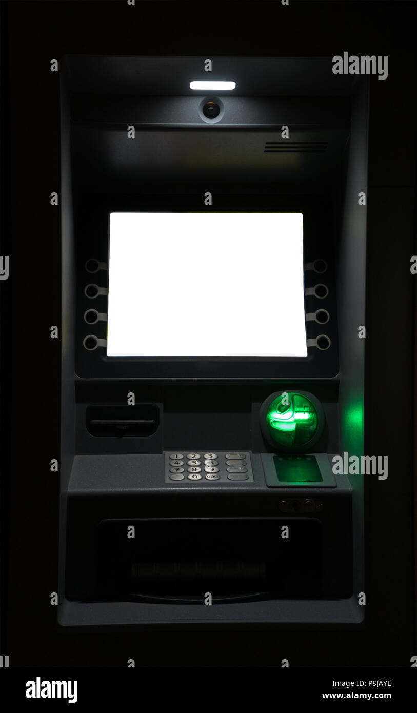 ATM machine at night. Blank white screen for text Stock Photo - Alamy