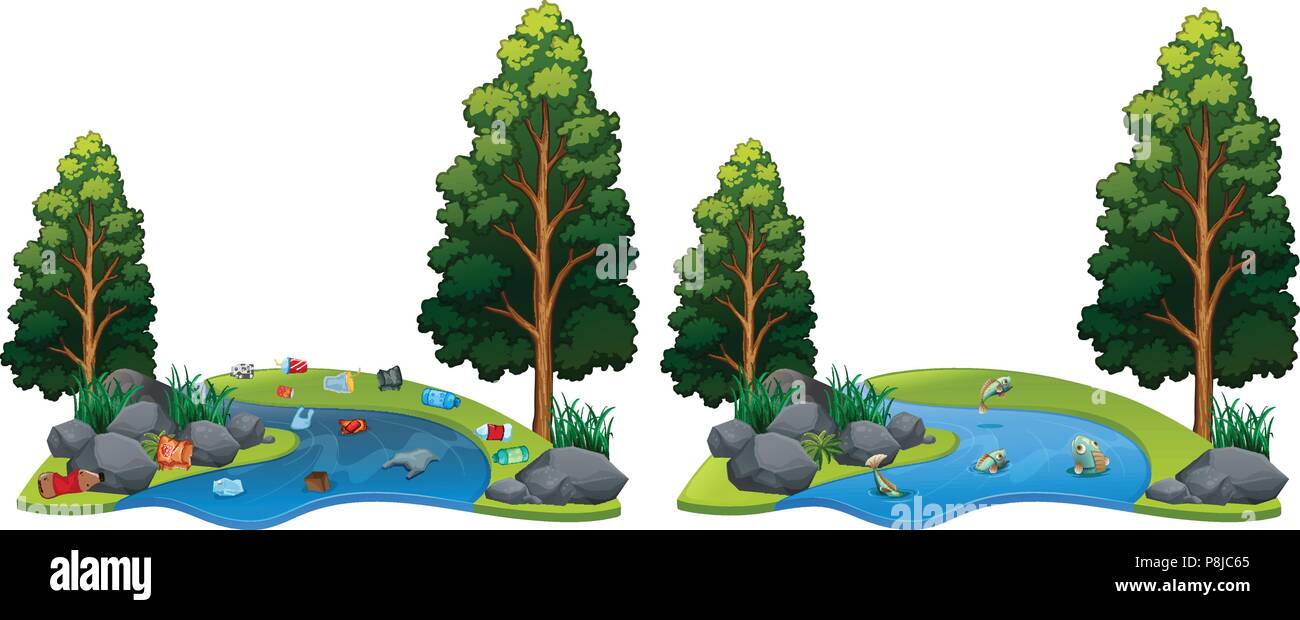 Comparison Between Dirty and Clean River Side illustration Stock Vector ...