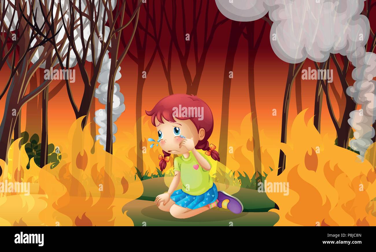 A Girl Crying in Wildfire Forest illustration Stock Vector Image & Art ...