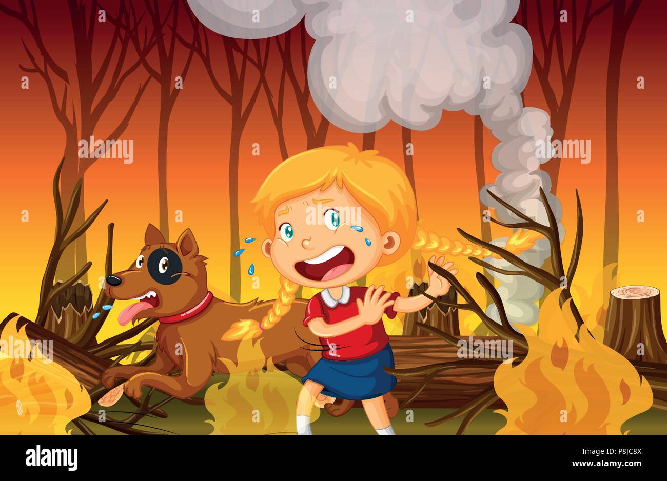 A Girl Crying in the Wildfire Forest illustration Stock Vector Image ...
