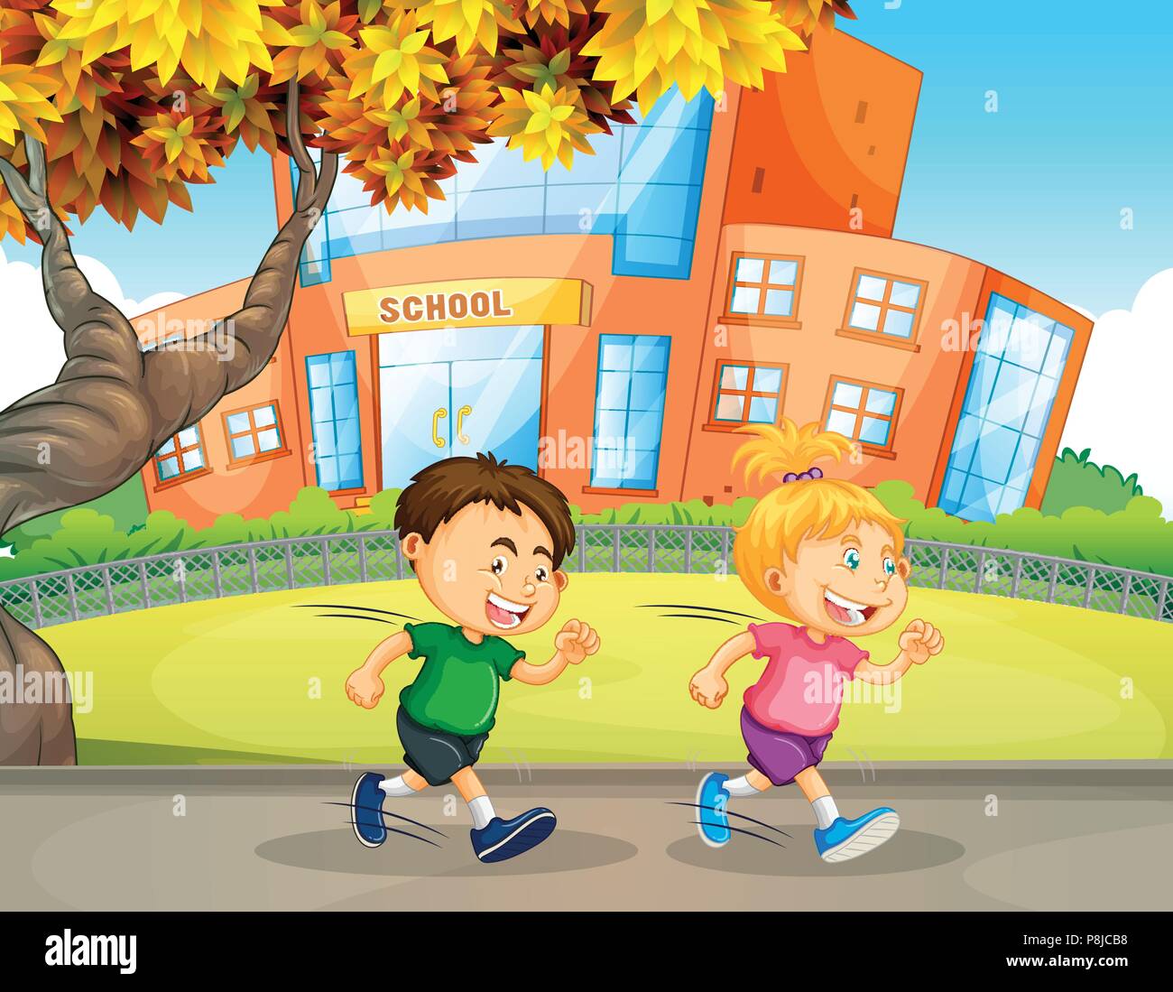 Children Running in Front of School illustration Stock Vector Image ...