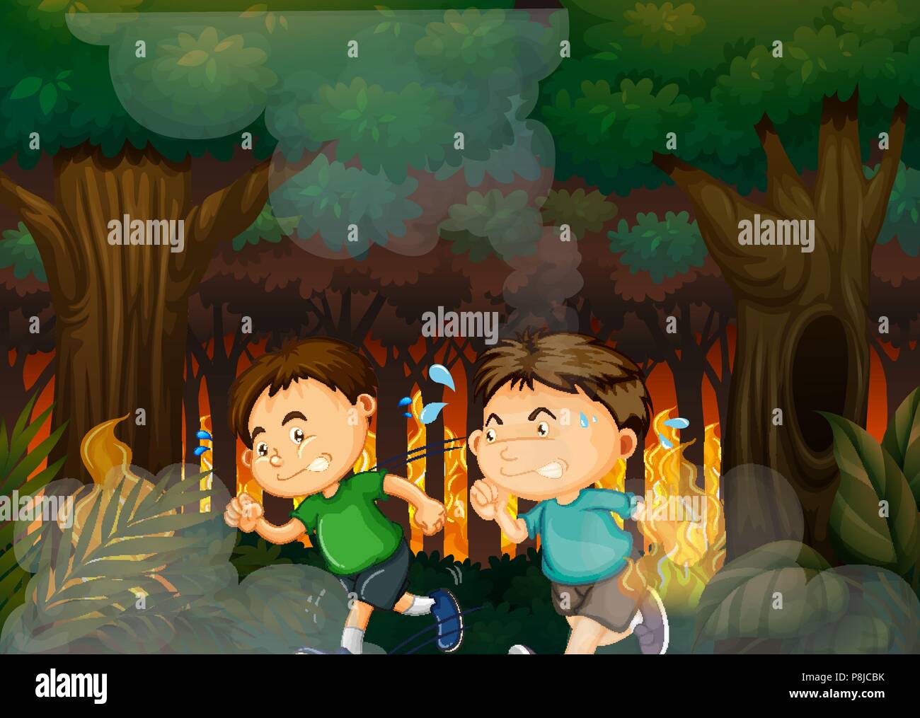 Boys Running Away from Forest Wildfire illustration Stock Vector Image ...