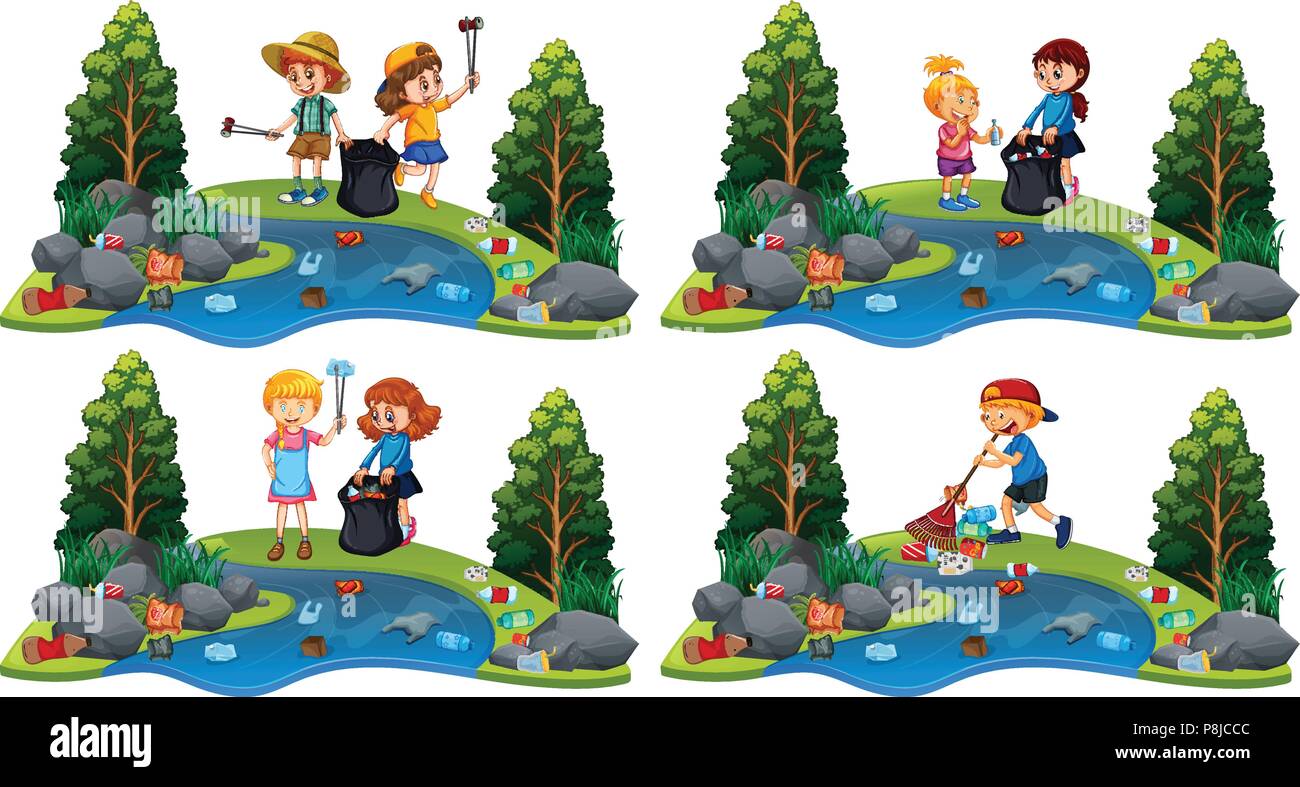 A Set of Children Cleaning River illustration Stock Vector Image & Art ...