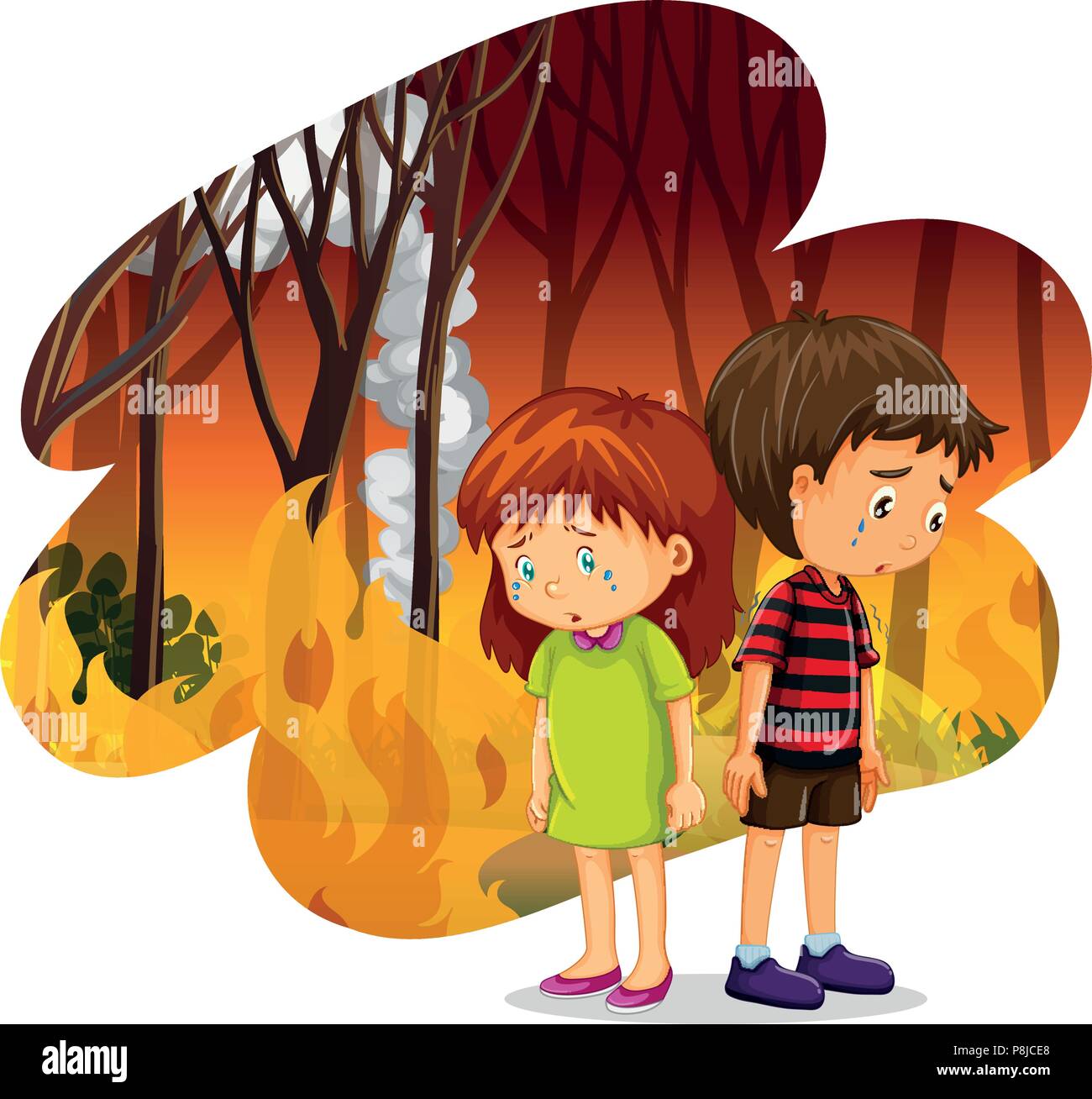 Children Crying at Forest Wildfire Disaster illustration Stock Vector ...