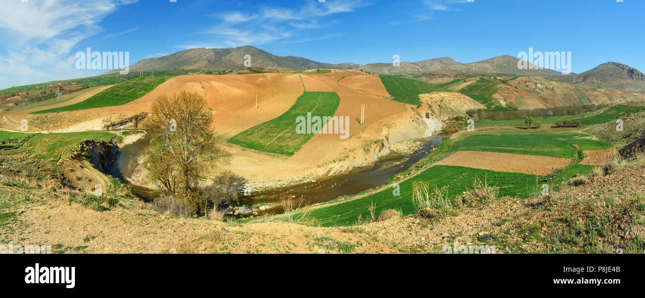 Panorama of Nature landscape with fields on mountains in Lorestan ...
