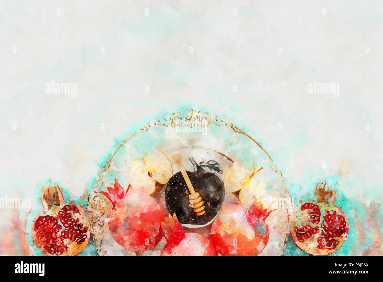watercolor style and abstract image of Rosh hashanah (jewish New Year holiday) concept ...