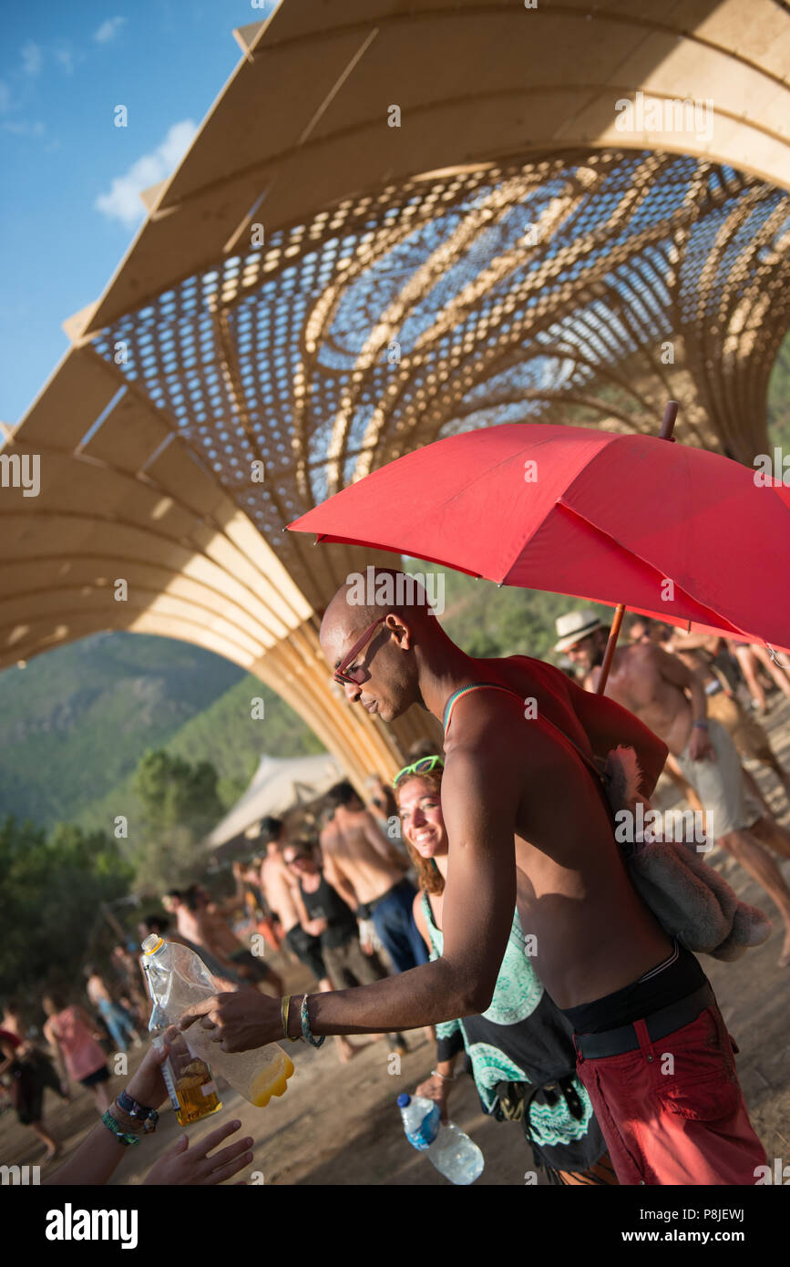 People at the psytrance music festival Lost Theory 2016 in Las Hurdes ...