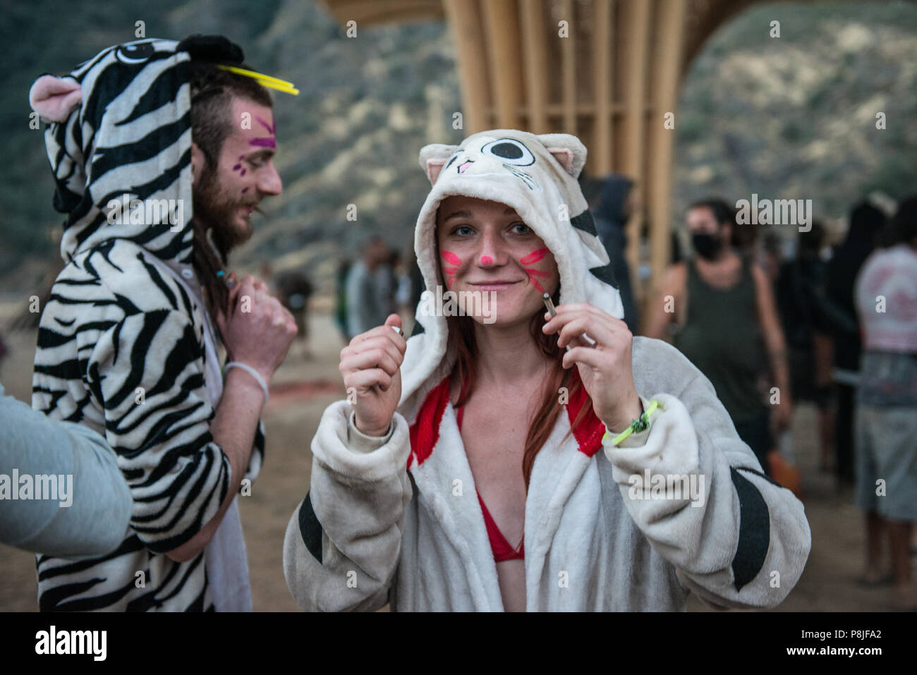 People at the psytrance music festival Lost Theory 2016 in Las Hurdes ...