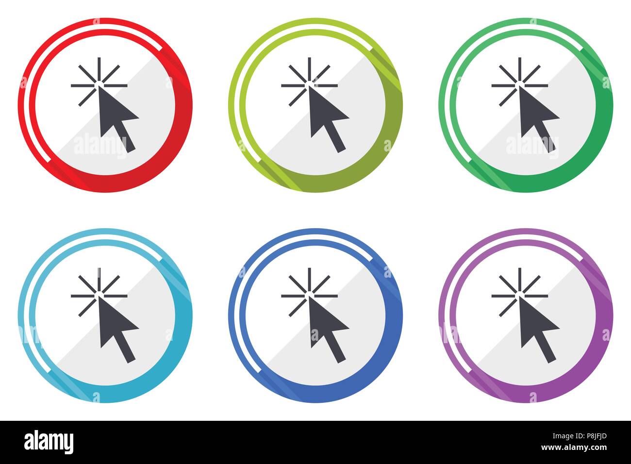 Click here vector icons, set of colorful flat design internet symbols ...
