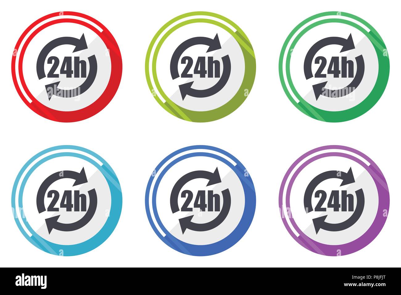 24h vector icons, set of colorful flat design internet symbols on white ...