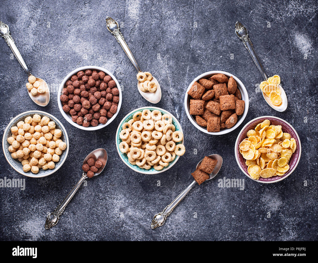 Selection of various corn flakes for breakfast Stock Photo - Alamy