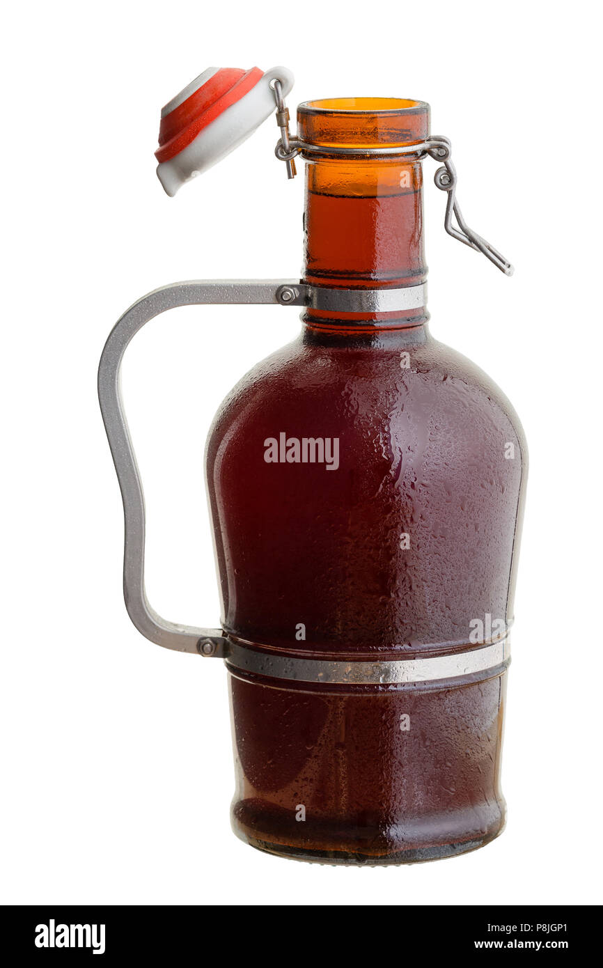 Amber glass German growler jug filled with cold beer with water ...