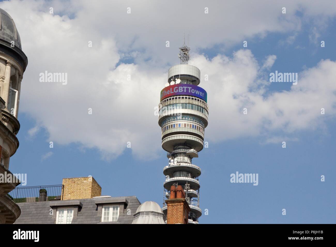 The BT Tower displaying Pride messages for Pride in London 2018, such ...