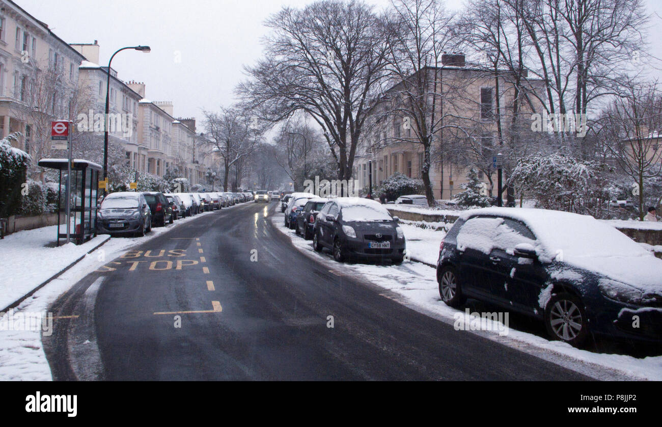 New snow falling on the streets of Belsize Park in Hampstead area of ...
