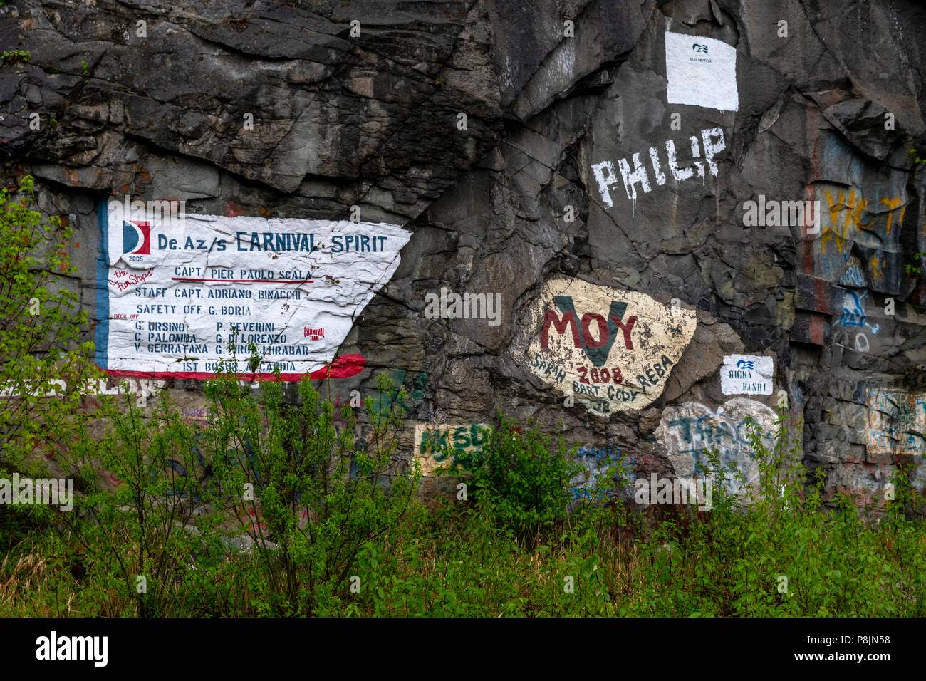 Ship signature wall, Skagway, Alaska, United States, USA, Tuesday, May ...