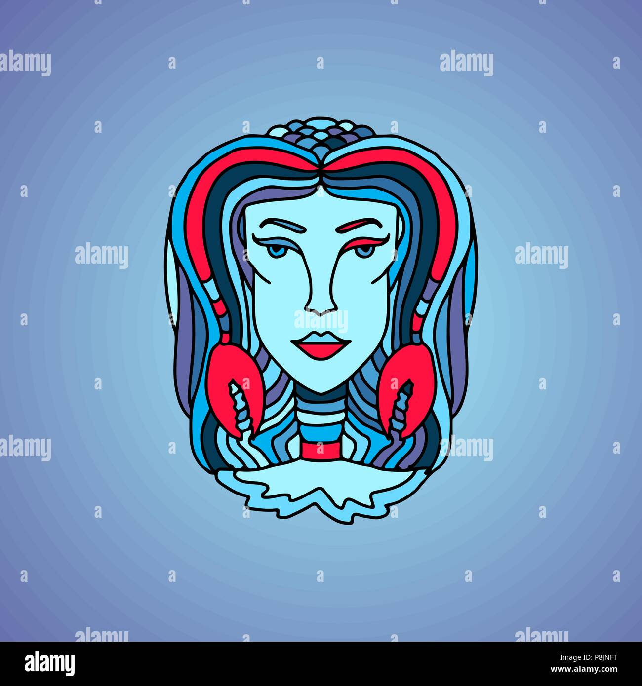 Cancer Girl Portrait Zodiac Sign Of Water Simple Blue Vector