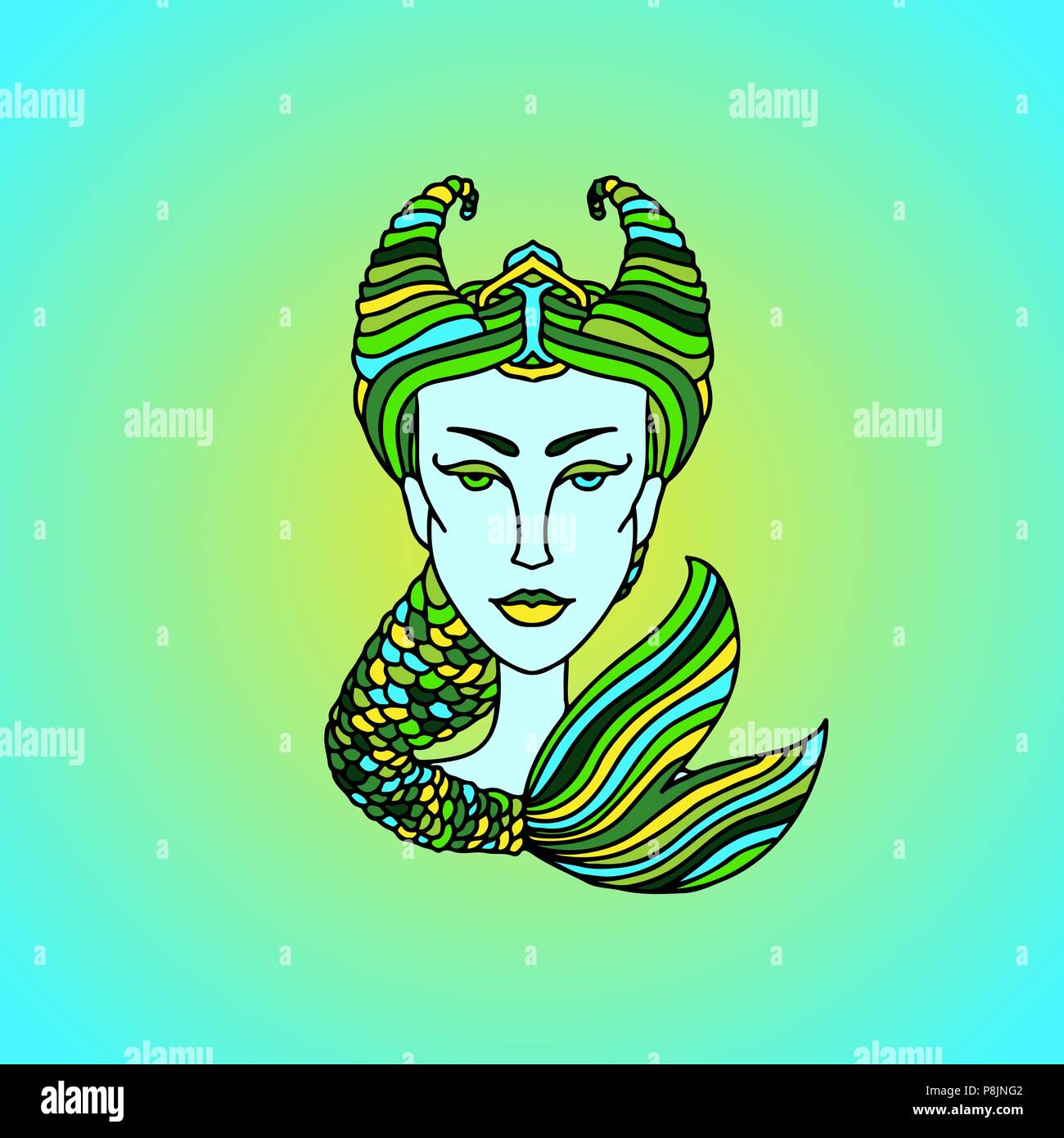 Capricorn girl portrait. Zodiac sign. Green and yellow vector ...
