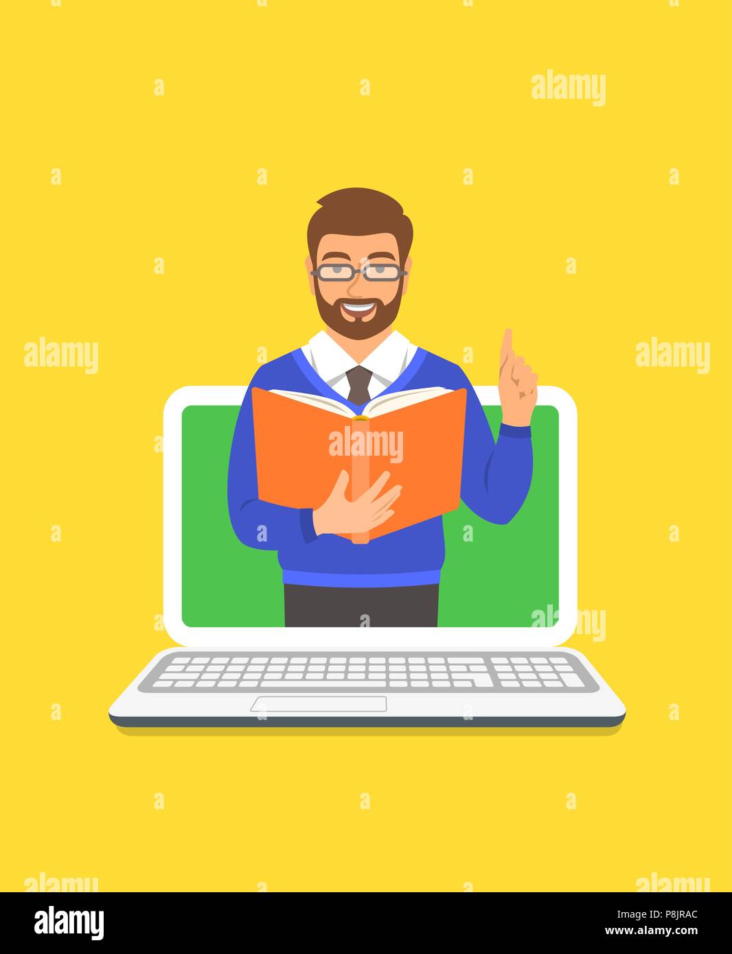 Online education concept. Young man teacher holds open book and lifts a ...