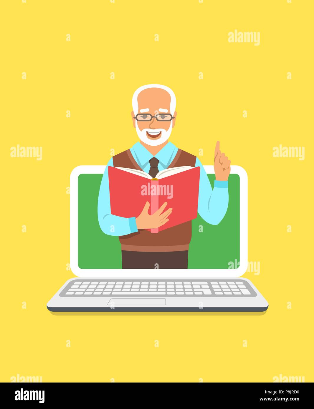 Online education concept. Elderly man teacher holds open book and lifts ...