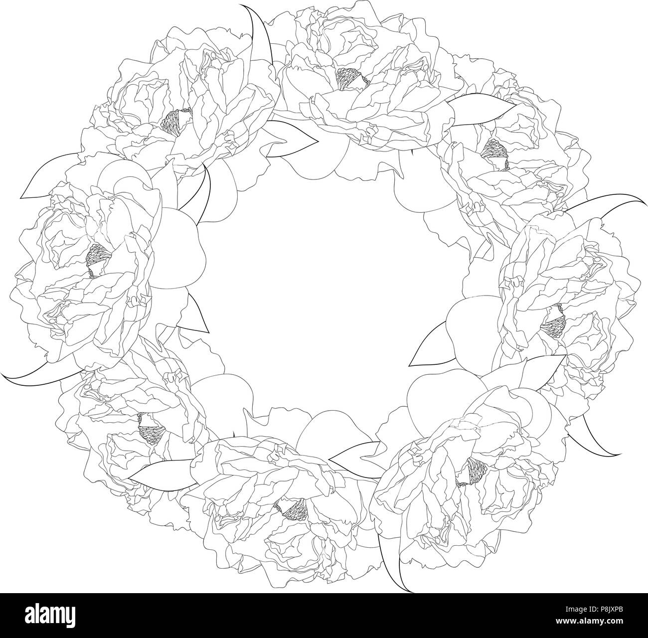 Peony Flower Wreath Outline isolated on White Background. Vector ...
