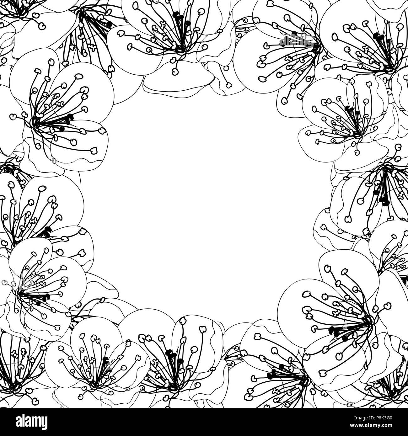 Plum Blossom Flower Outline Border isolated on White Background. Vector ...