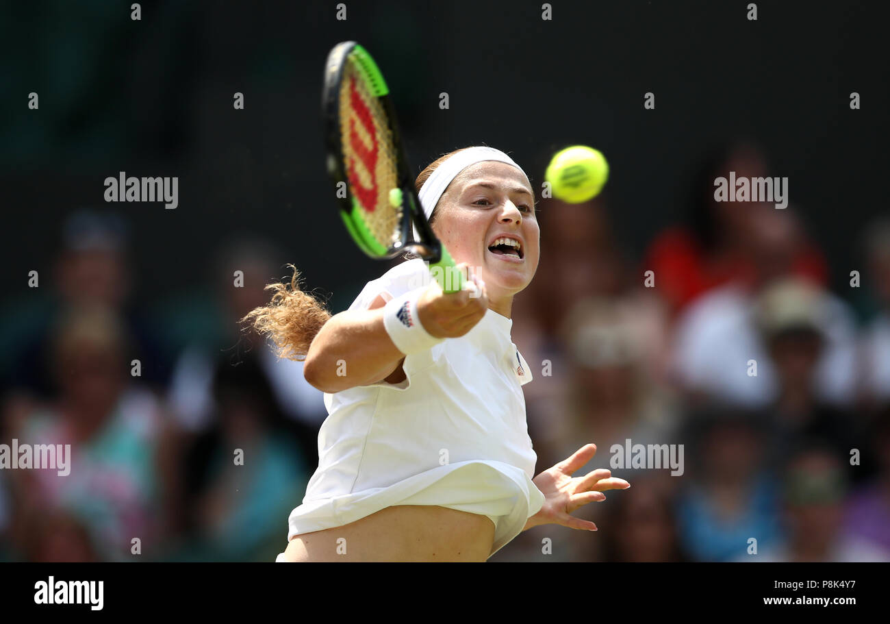 Jelena Ostapenko in action on day ten of the Wimbledon Championships at ...
