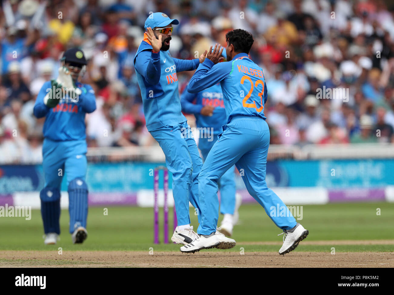 India's Kuldeep Yadav celebrates taking the wicket of England's Jason ...