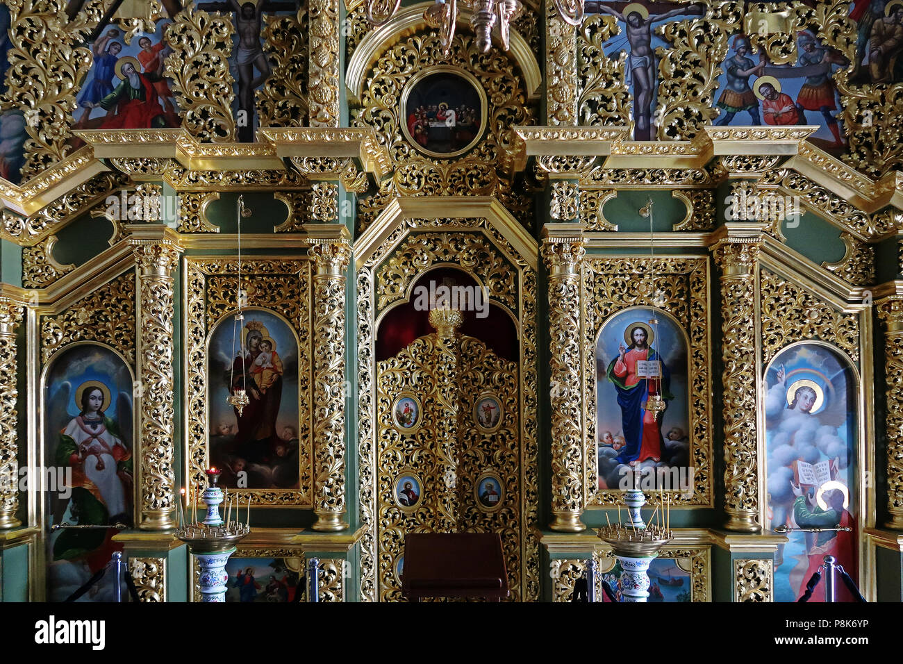 The iconostasis decorated with icons and religious paintings inside the reconstructed Cathedral ...