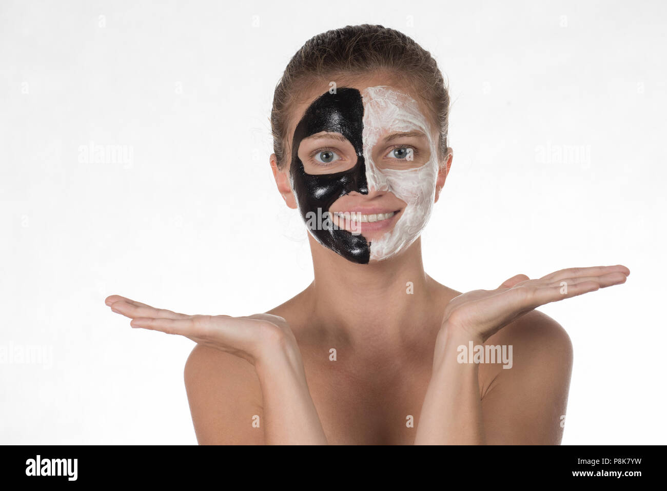 Happy beautiful girl with acne smiling on a white background in a ...