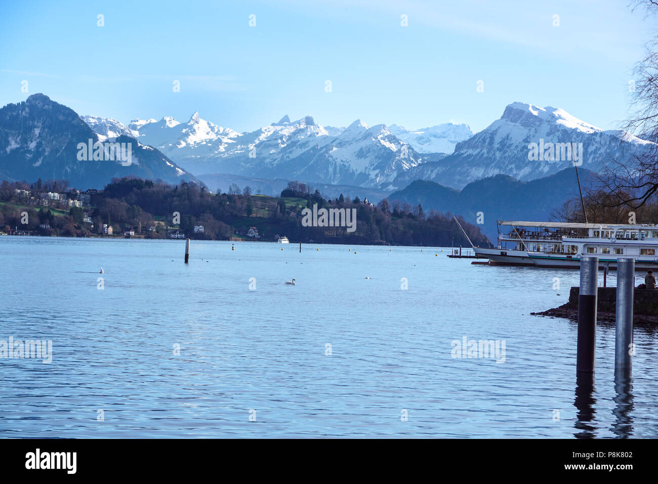 Looking over fields, farms and Lake Lucerne in Switzerland Stock Photo ...