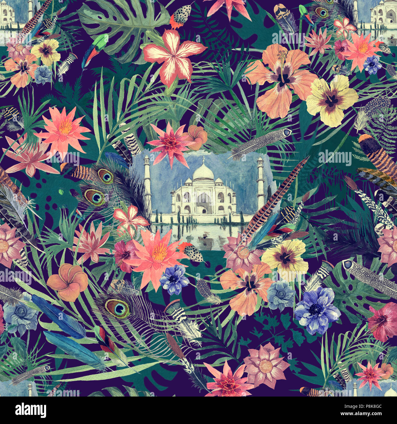 Seamless hand drawn watercolor patten with taj mahal, leaves, flowers ...