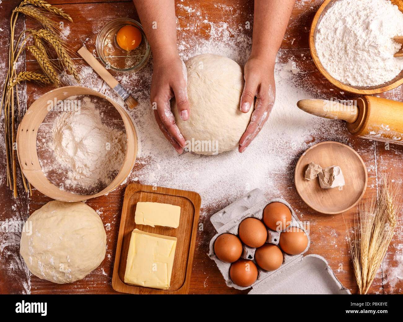 Dough background. Fresh dough with various ingredients on a wooden ...