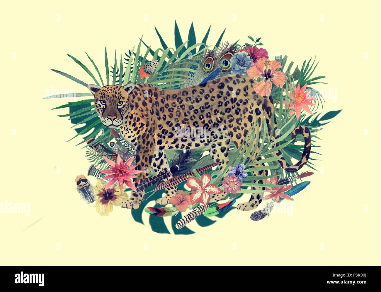 Watercolor hand drawn illustration with leopard, flowers, leaves ...