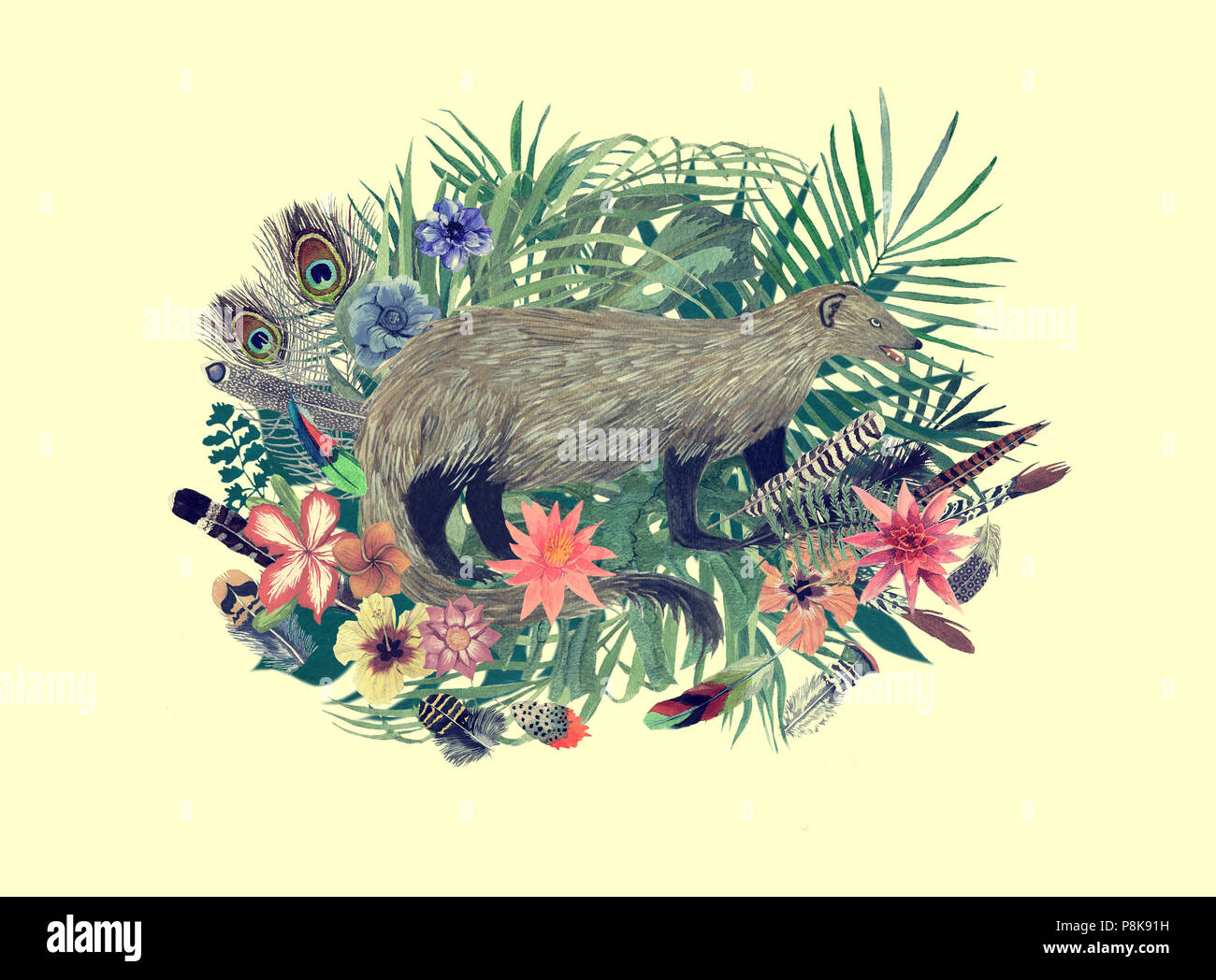 Watercolor hand drawn illustration with mongoose, flowers, leaves ...