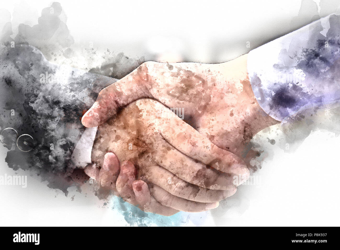 Abstract colorful handshake close up on watercolor illustration ...