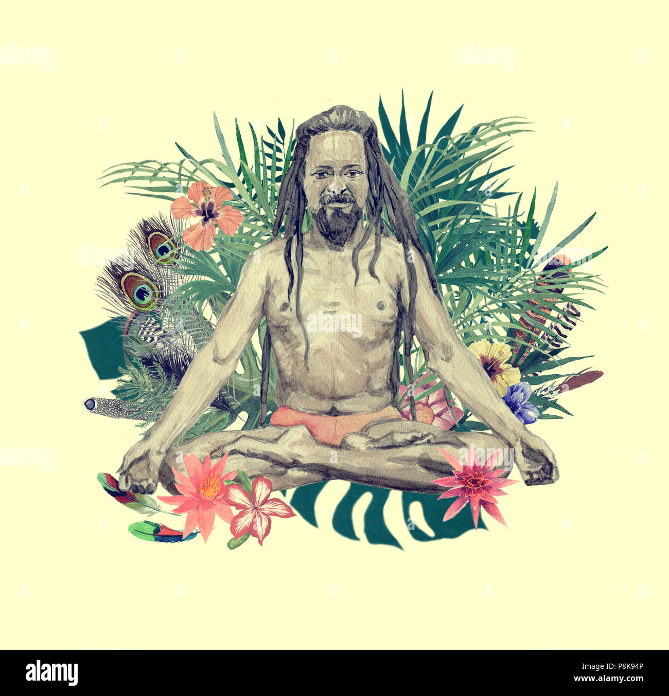 Watercolor hand drawn illustration with yogi flowers, leaves, feathers ...