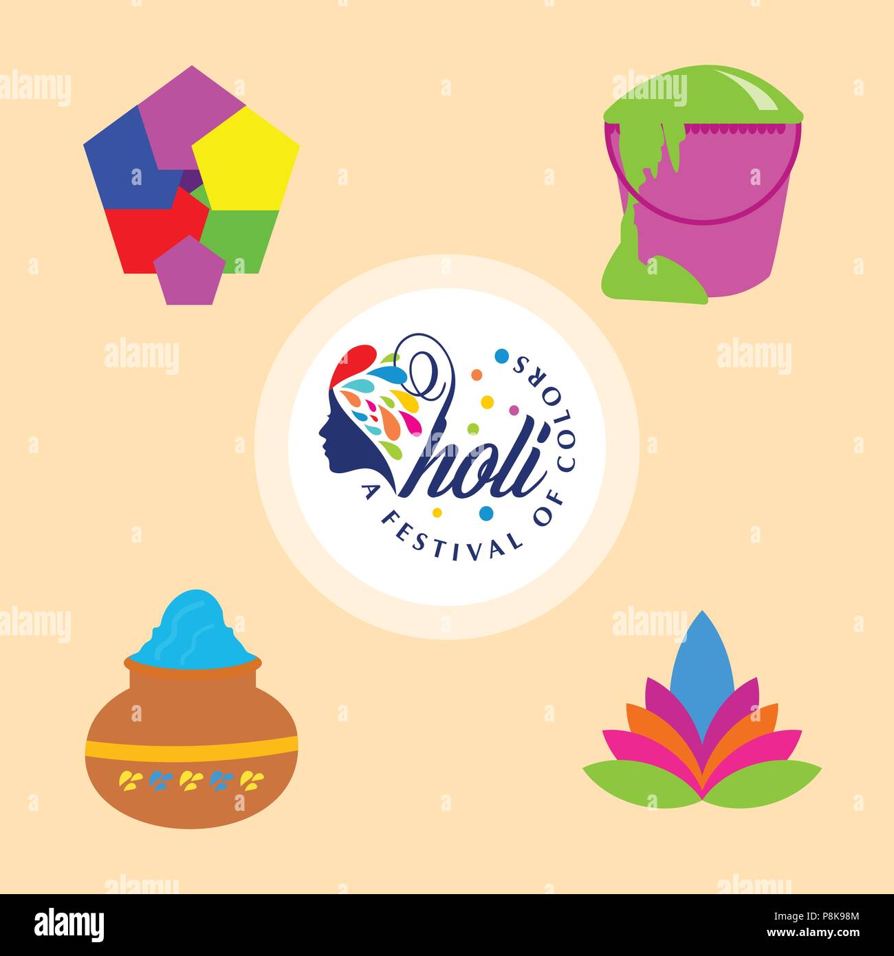 happy holi festival. holi colored icons with creative typography. For ...