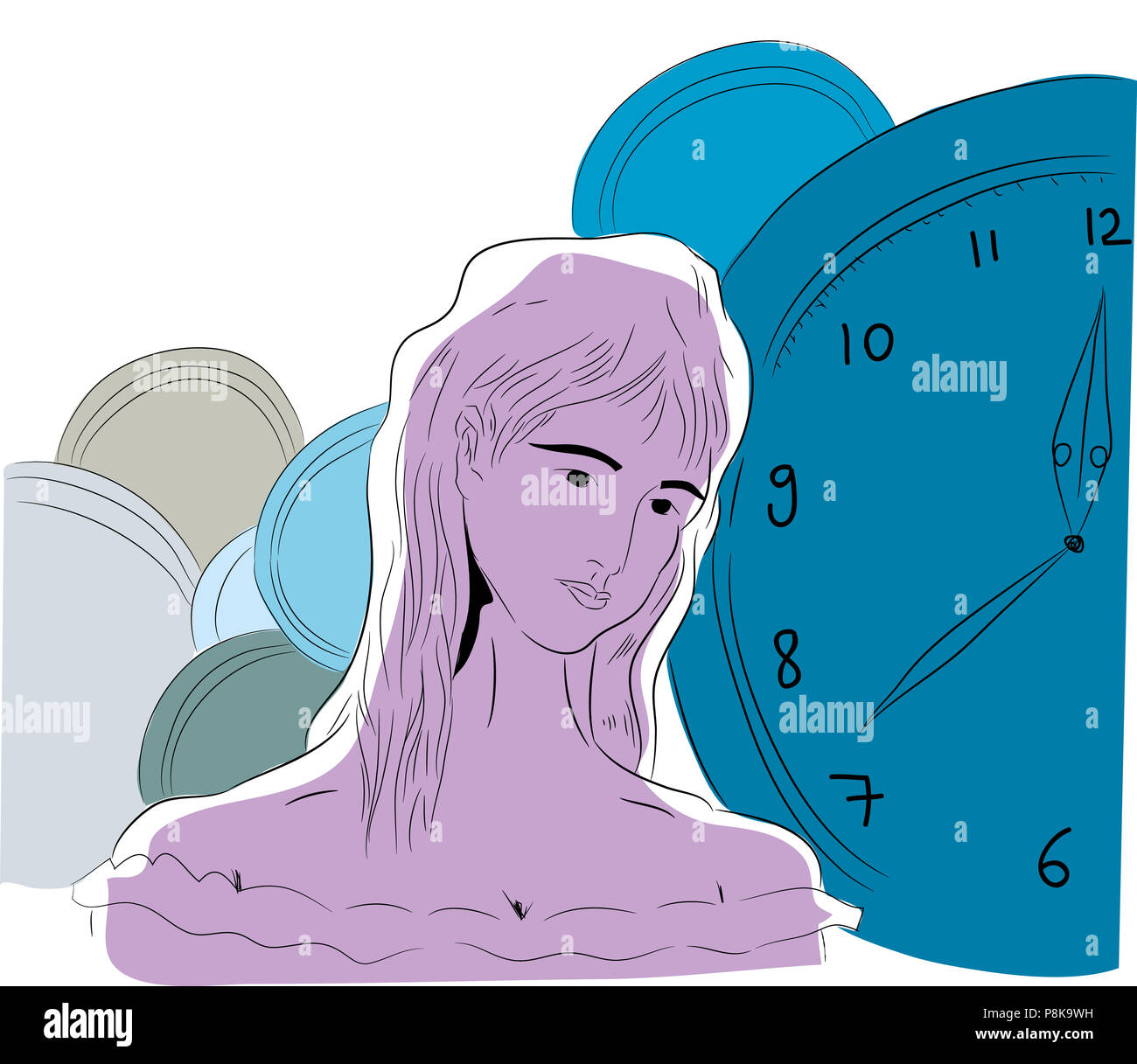 Time and woman. illustration of time concept about pensive woman and ...