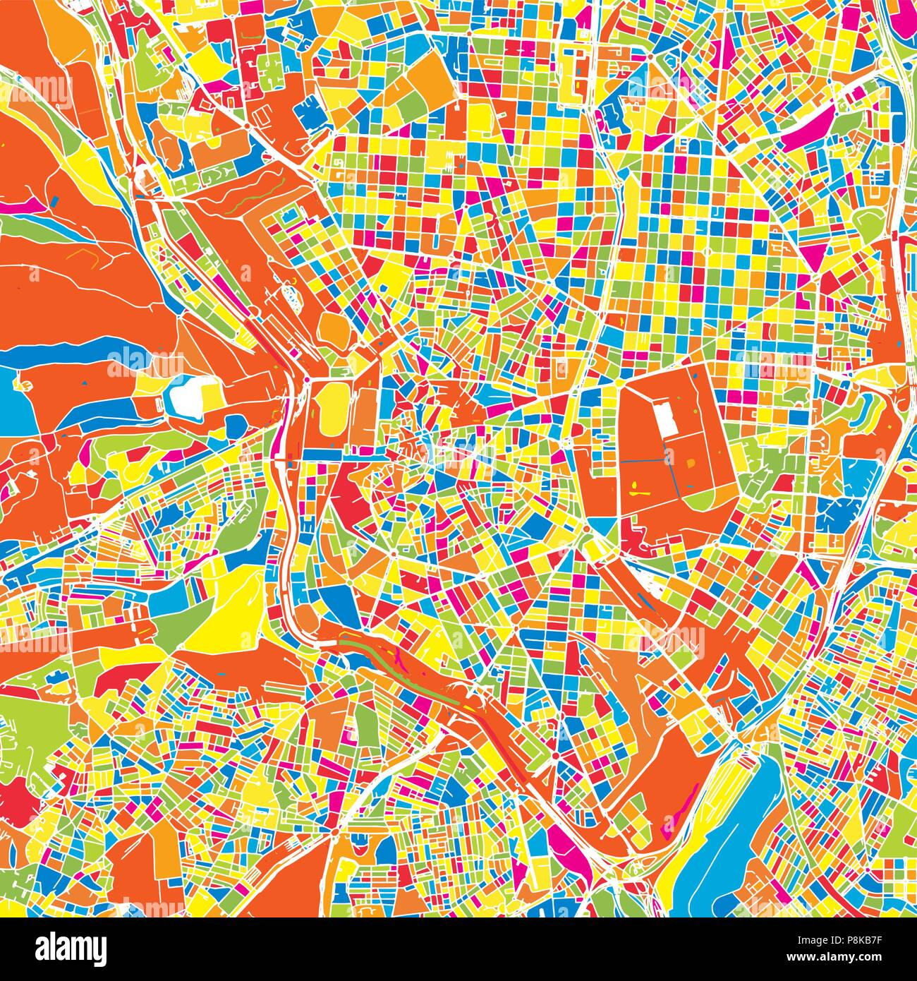 Madrid, Spain, colorful vector map. White streets, railways and water. Bright colored landmark ...