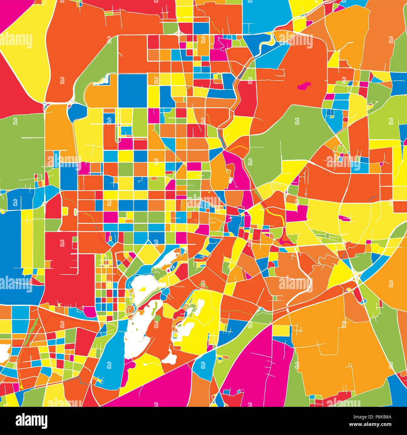 Tangshan, China, colorful vector map. White streets, railways and water ...