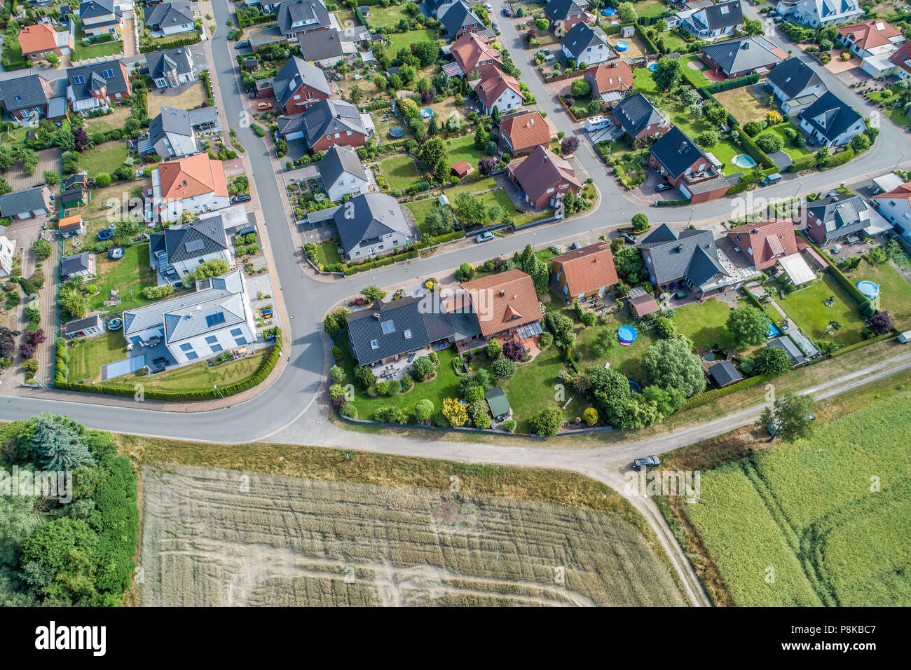 Typical German new housing development in the flat countryside of ...