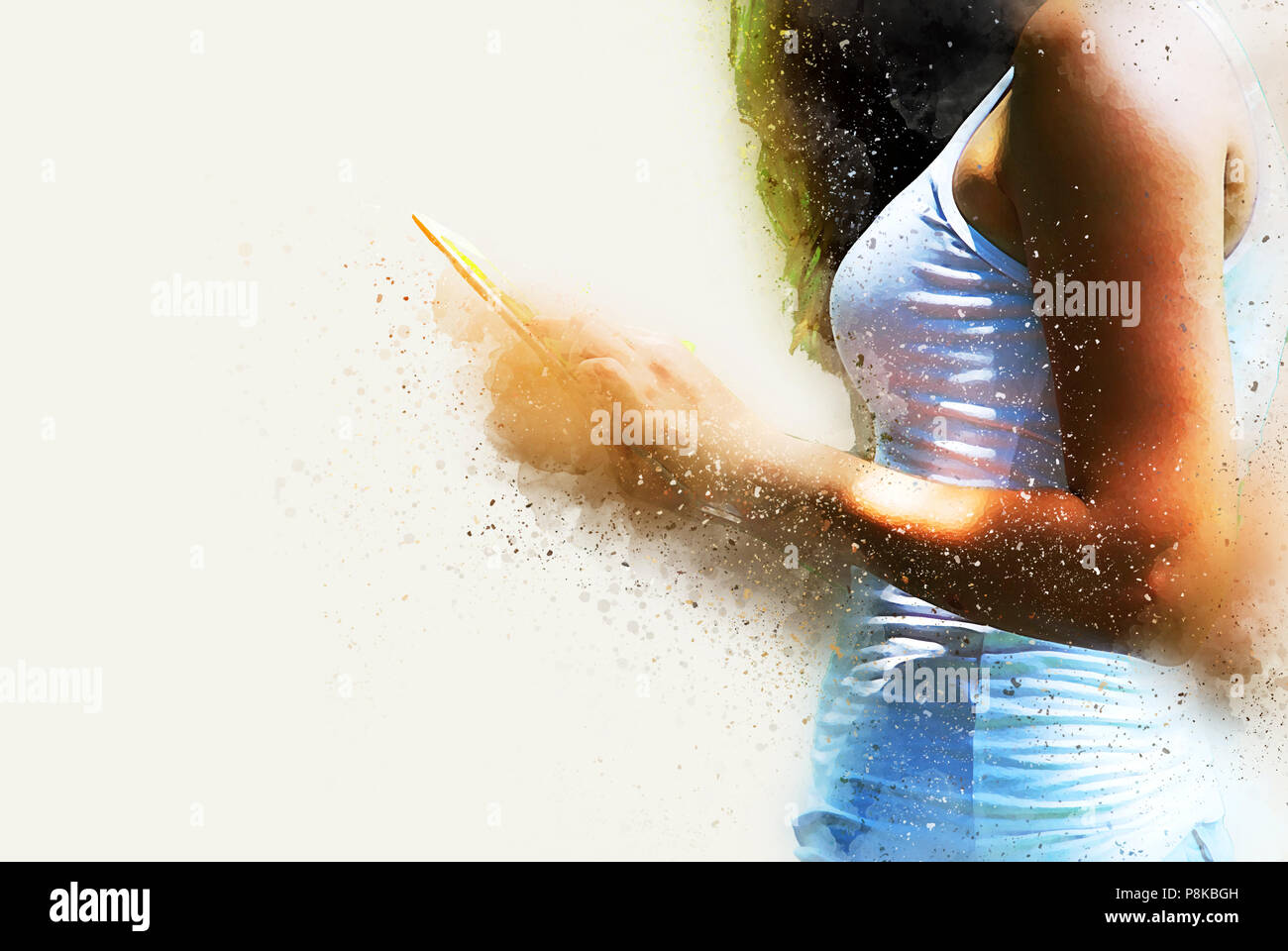 Beautiful woman playing smart phone in the park on watercolor painting ...