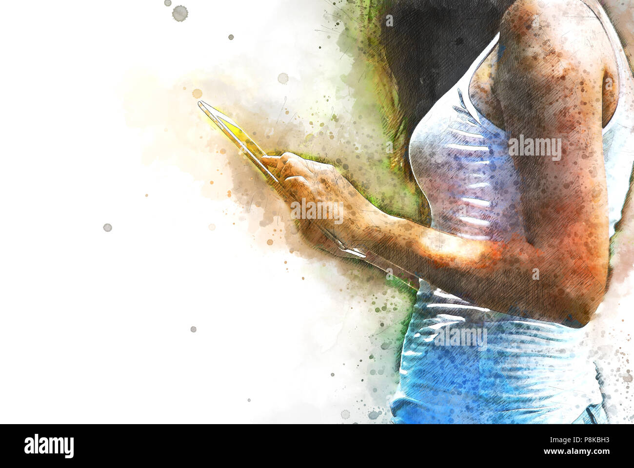 Beautiful woman playing smart phone in the park on watercolor painting ...