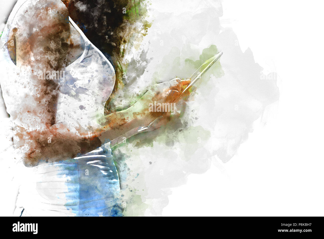 Beautiful woman playing smart phone in the park on watercolor painting ...